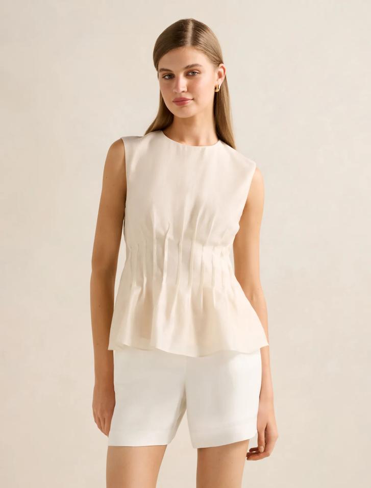 Taylor Pleat Detail Top in Cream - Size 4 to 16 - Womens Peplum Tops