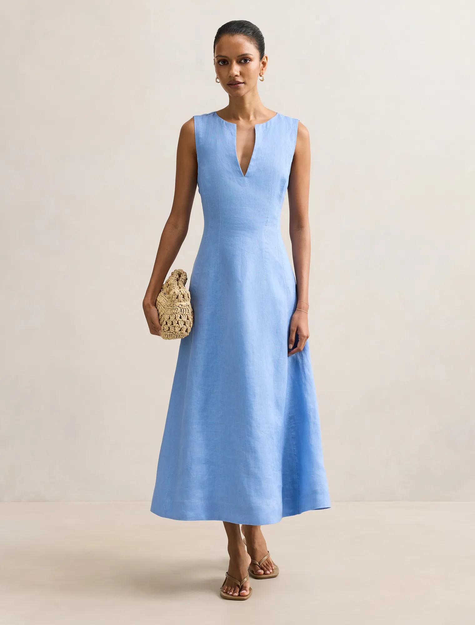 Pippi Petite V-Neck Linen Midi Dress in Blue - Size 4 to 16 - Womens ...