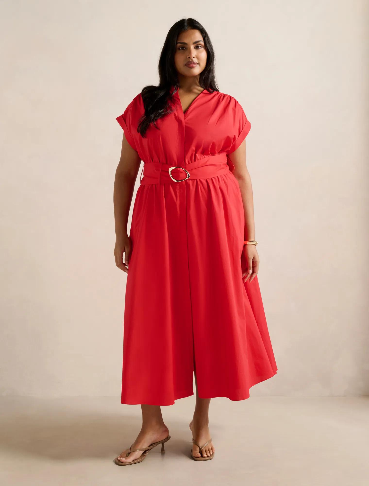 Joy Curve Gathered Belted Midi Dress in Red - Size 16 to 24 - Womens ...