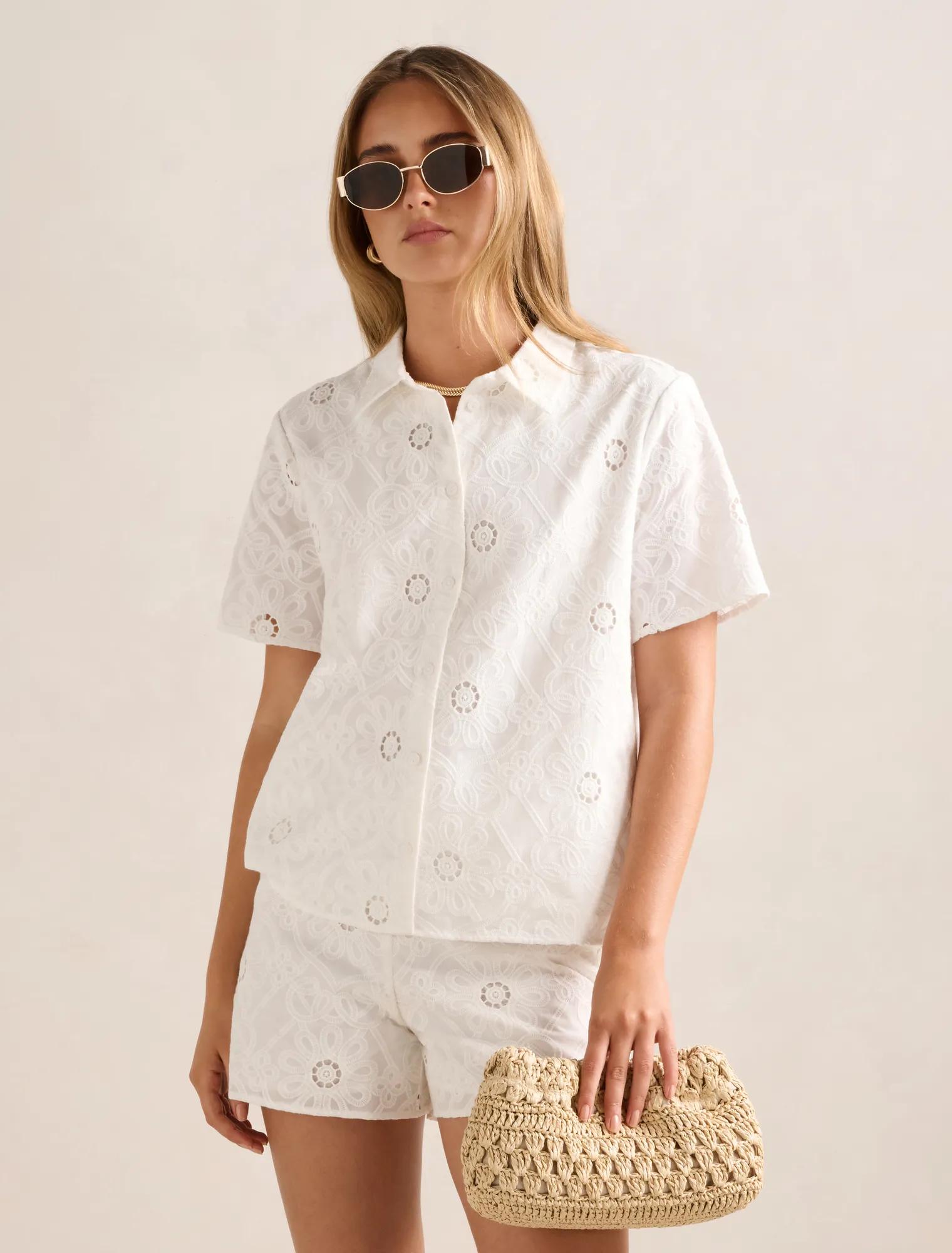 Bridie Embroidery Shirt in White - Size 4 to 16 - Womens Embroidered Shirts