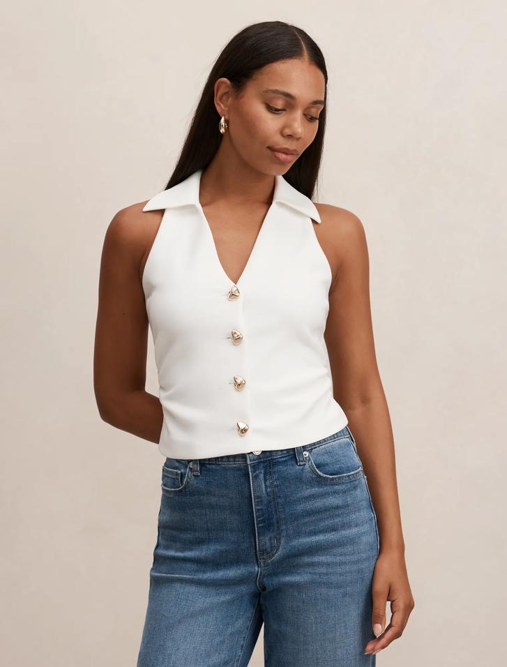 White Collared Top - Tully V-Neck - Size 0 to 12 - Womens V-Neck Tops