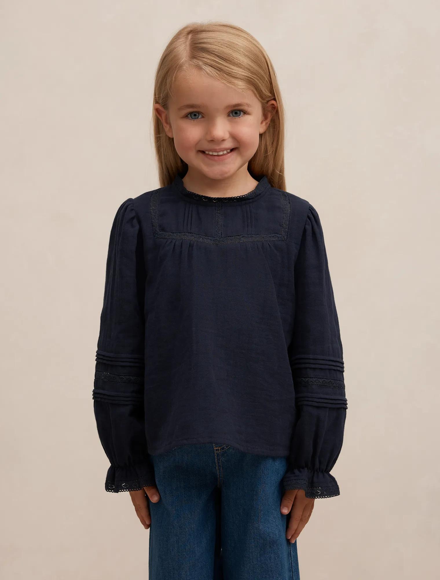 Eloisa Girls Lace Trim Blouse in Navy - 2 to 10 Years - Girls Blouses