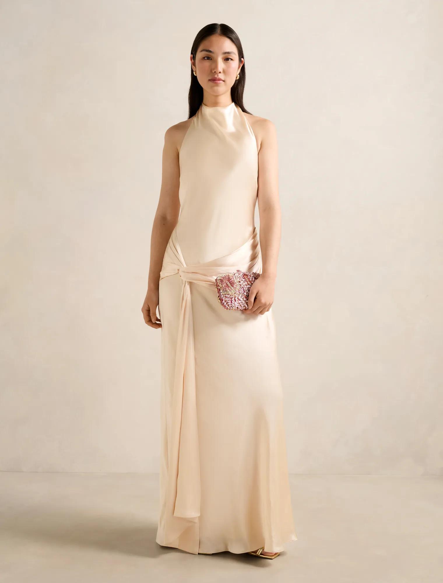 Abby Halter Satin Maxi Dress in Cream - Size 4 to 16 - Womens Halter ...