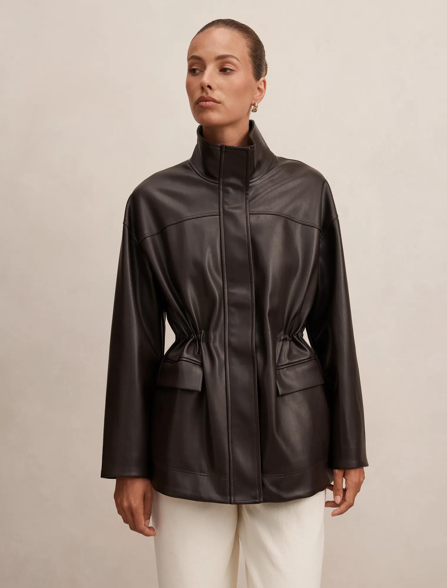 Brown Shacket - Cassidy Funnel Neck Cinched Waist PU - Size 4 to 16 ...