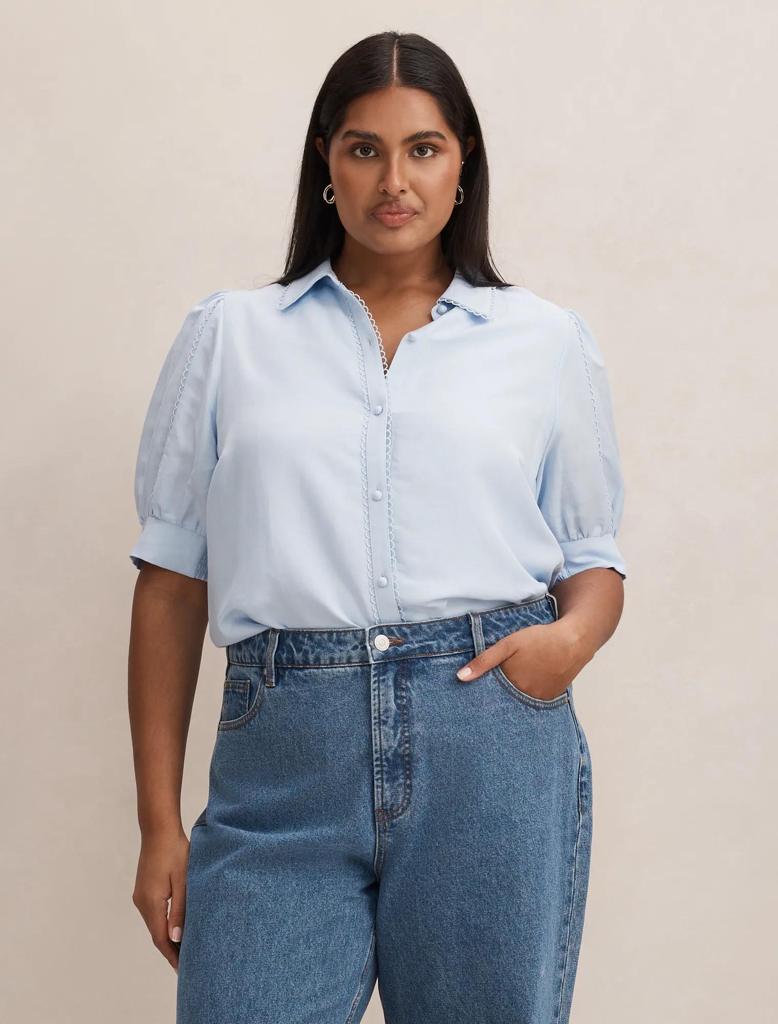 Finley Curve Trim Detail Blouse in Blue - Size 16 to 24 - Womens Blouses