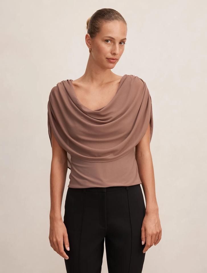 Brown Cape Top - Olivia Draped Mesh - Size 0 to 12 - Womens Mesh Top