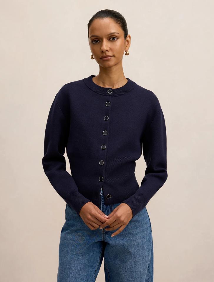 Ally Petite Co-ord Knit Cardigan in Navy - Size 4 to 16 - Womens Cardigans