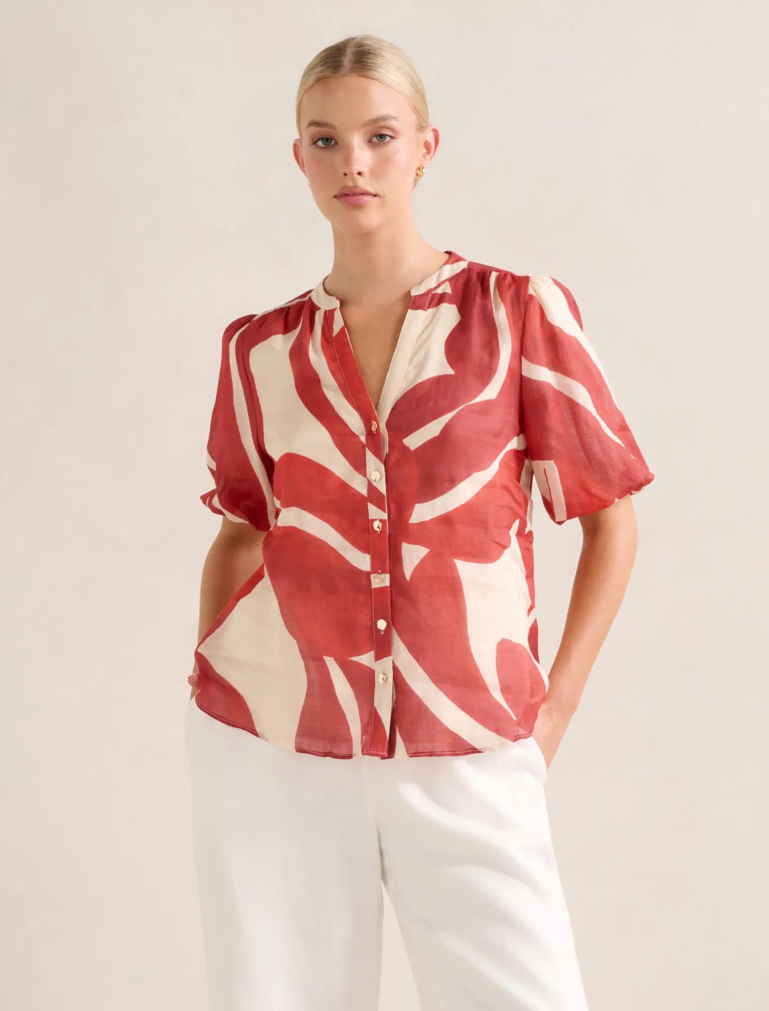 Bianca Puff Sleeve Blouse in Red - Size 4 to 16 - Womens Blouses