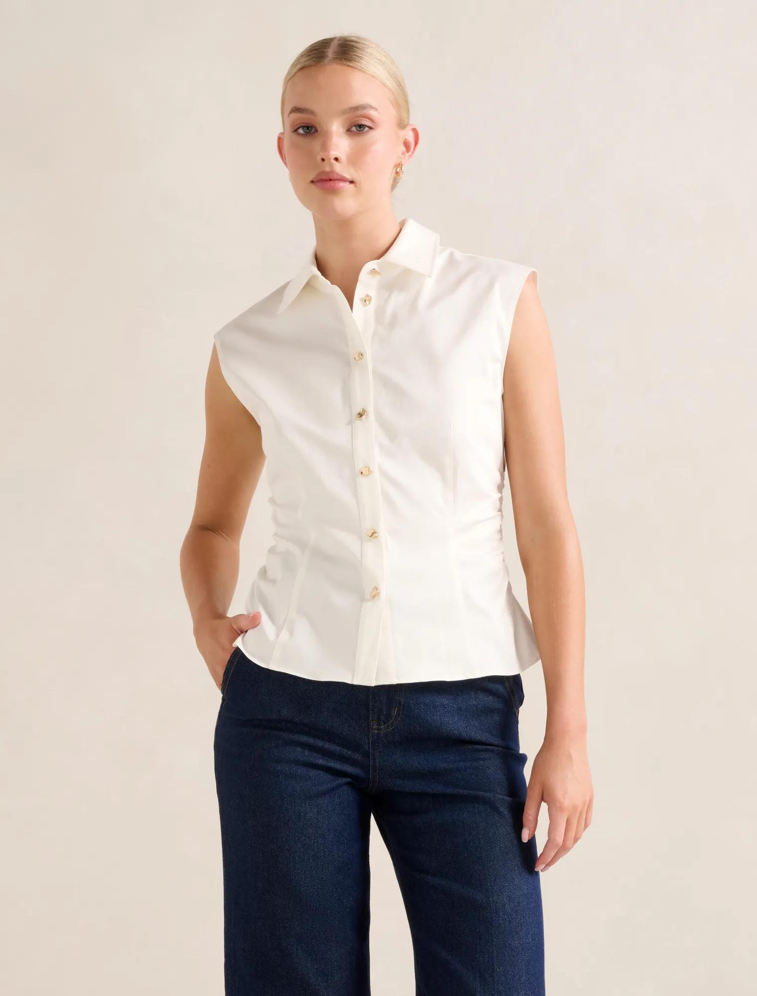 Nova Ruched Collared Top in White - Size 4 to 16 - Womens Collared Tops