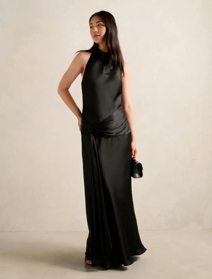 Abby Halter Satin Maxi Dress in Black - Size 4 to 16 - Womens Halter ...