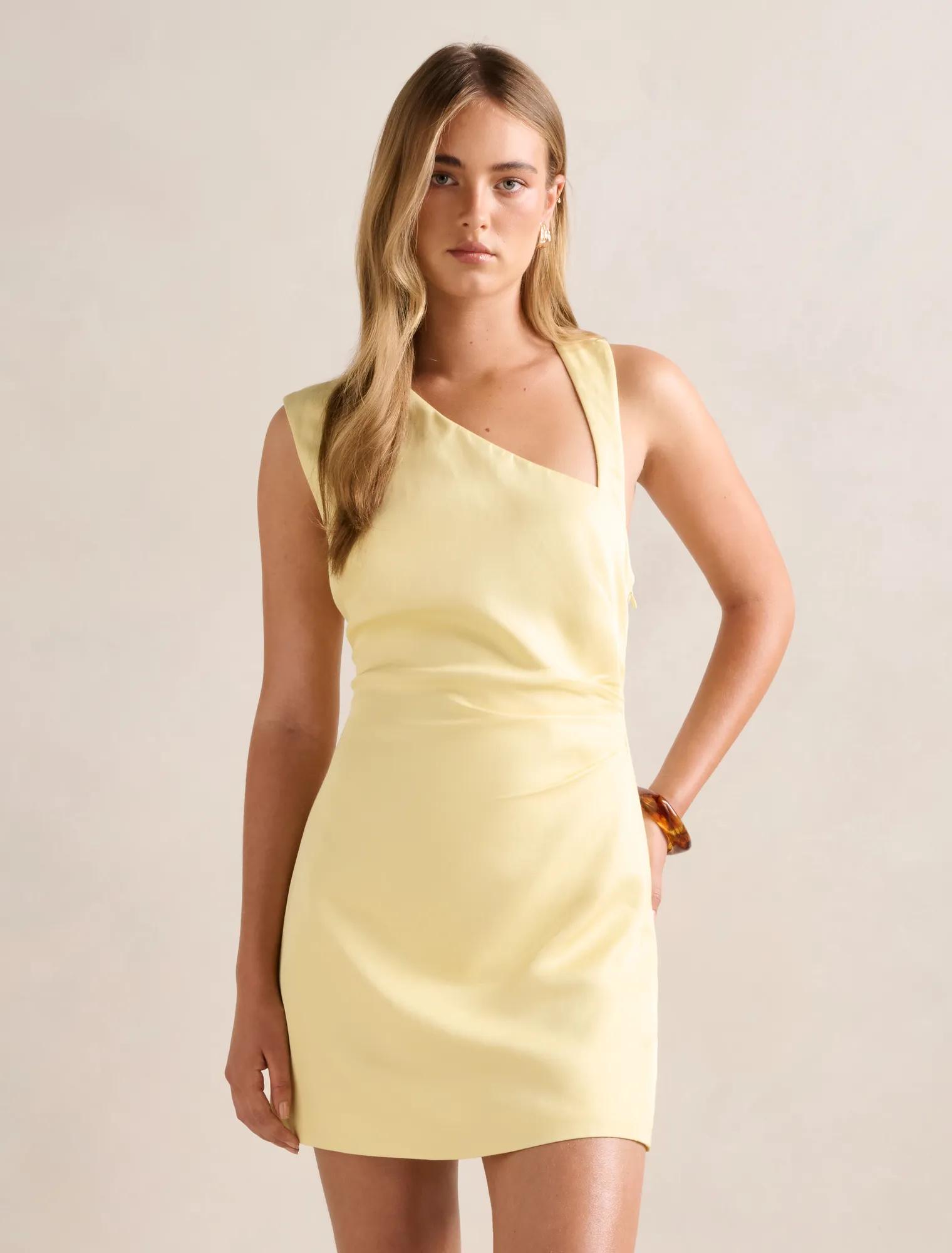 Jayde Asymmetric Mini Dress in Yellow - Size 4 to 16 - Womens Mini Dresses