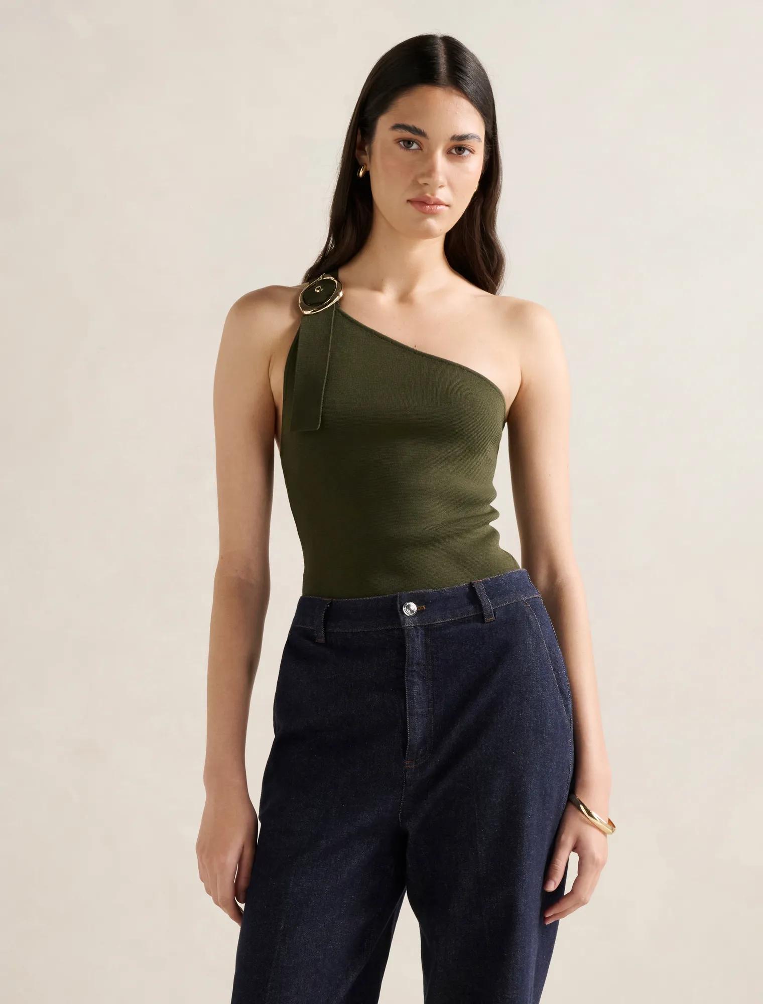 Monroe Asymmetric Knit Top in Green - Size 4 to 16 - Womens Asymmetric Tops
