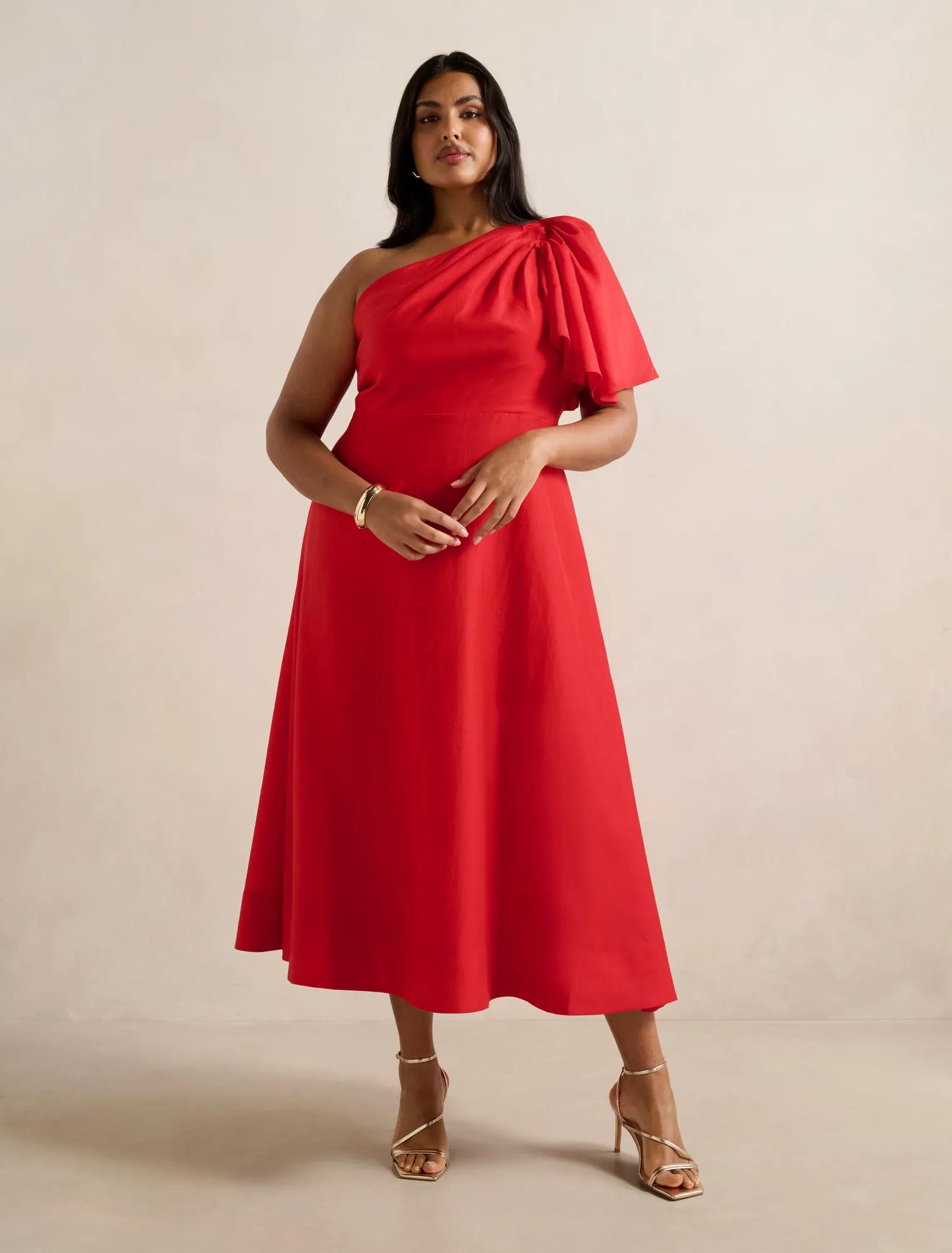 Mattea Curve One Shoulder Midi Dress in Red - Size 16 to 24 - Womens ...