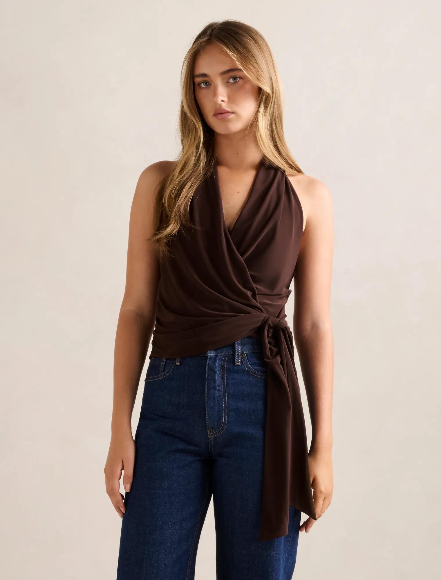 Gianna Wrap Halter Top in brown - Size 4 to 16 - Womens Top