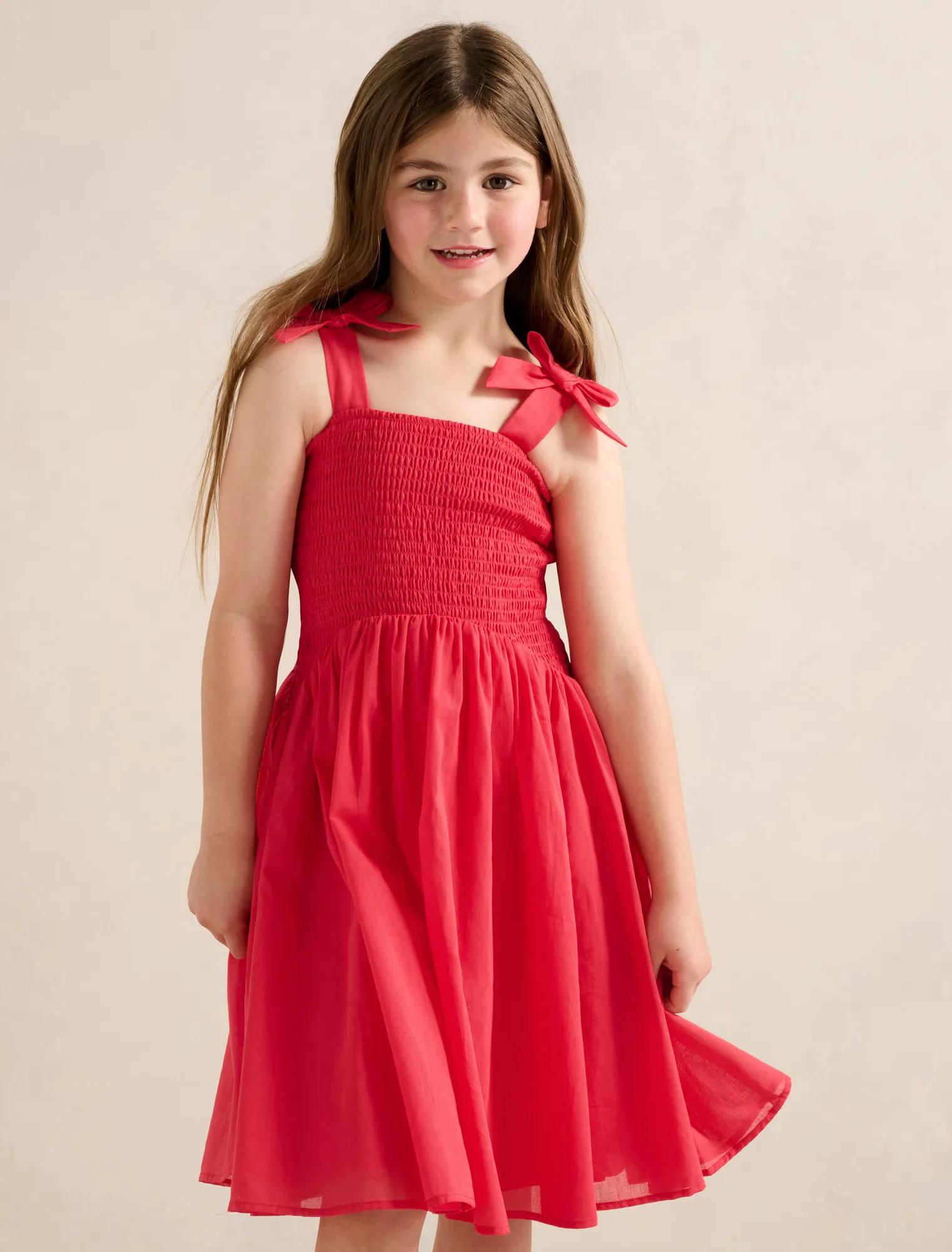 Indiana Girls Shirred Dress in Red - 2 to 10 Years - Girls Dresses