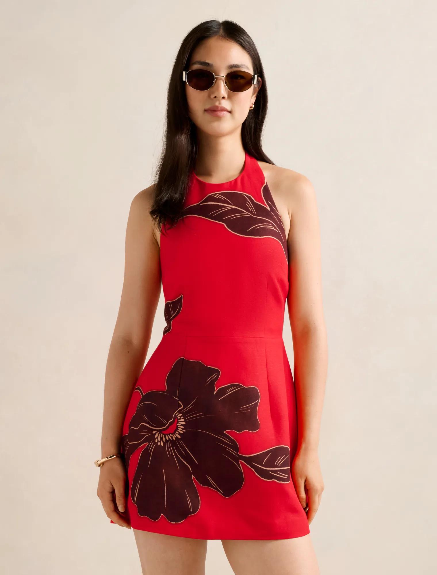 Corinna Printed Linen Halter Mini Dress in Red - Size 4 to 16 - Womens ...