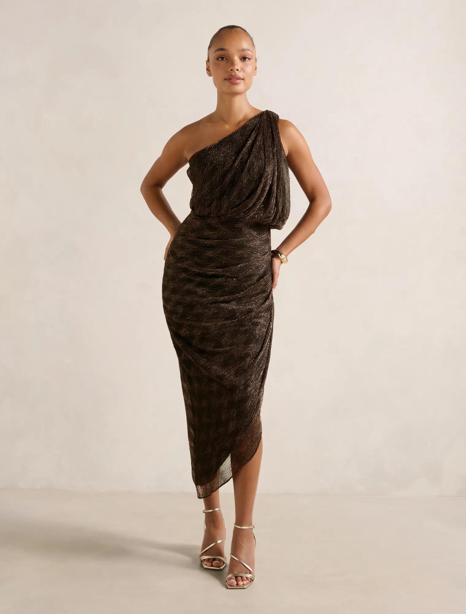 Cassidy One Shoulder Plisse Midi Dress in Brown - Size 0 to 12 - Womens Midi Dresses