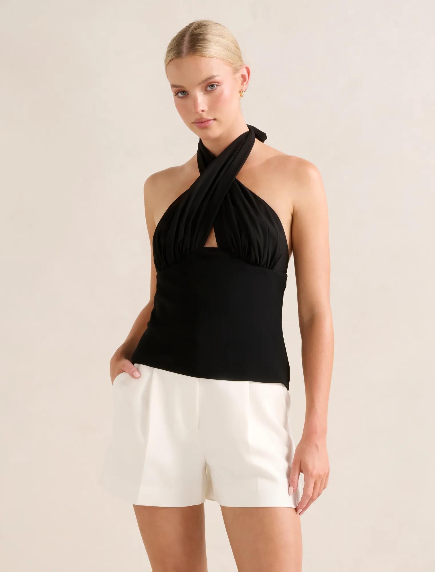 Callie Contrast Halter Top in Black - Size 4 to 16 - Womens Halter Tops