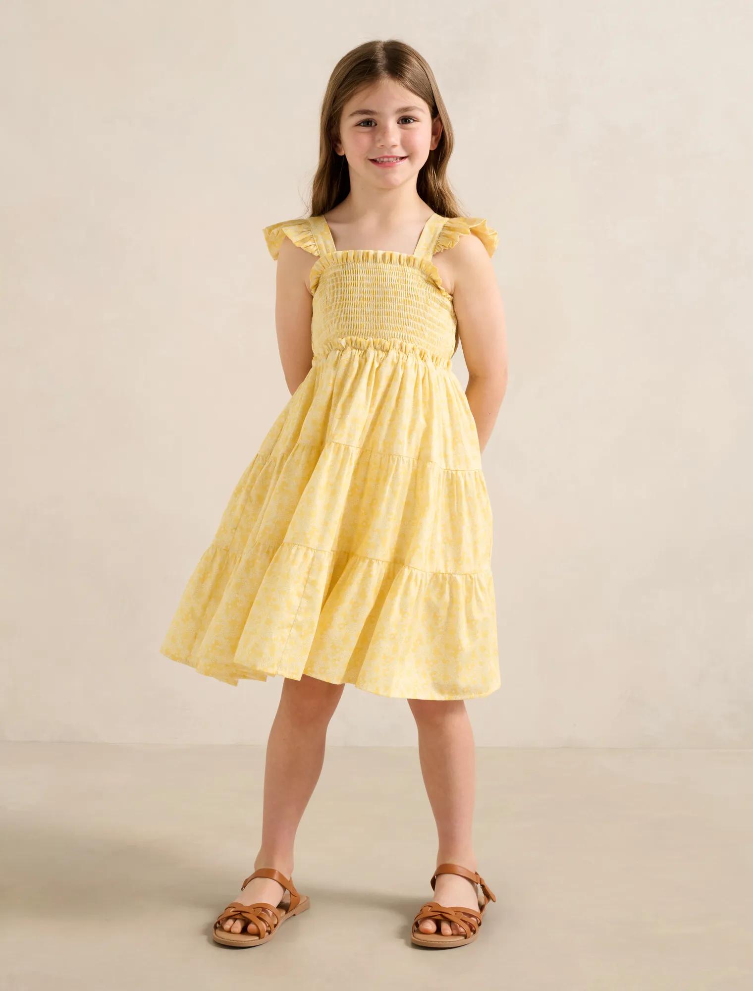 Amelia Girls Shirred Midi Dress in Yellow - 2 to 10 Years - Girls Midi ...